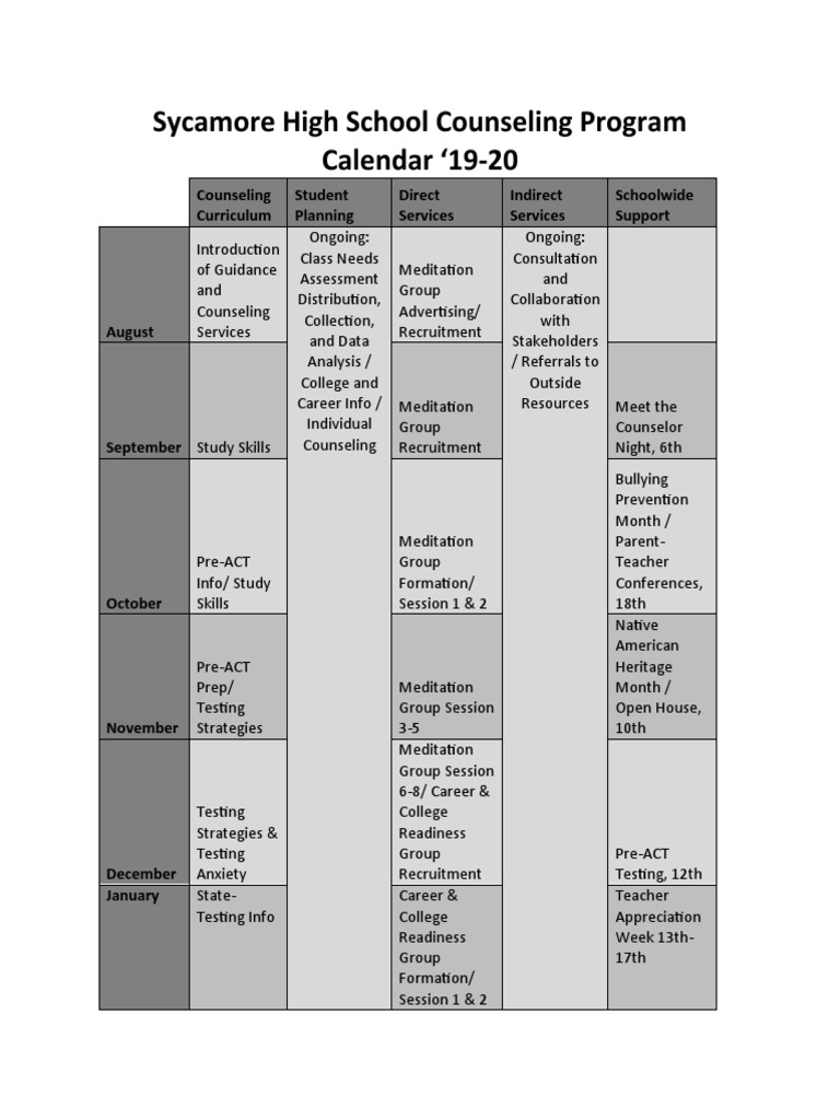 School Counseling Calendar | PDF | School Counselor | Recruitment