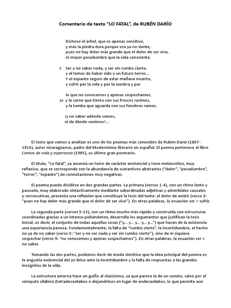 Comentario de Texto "LO FATAL", de Rubén Darío | PDF | Oración ...
