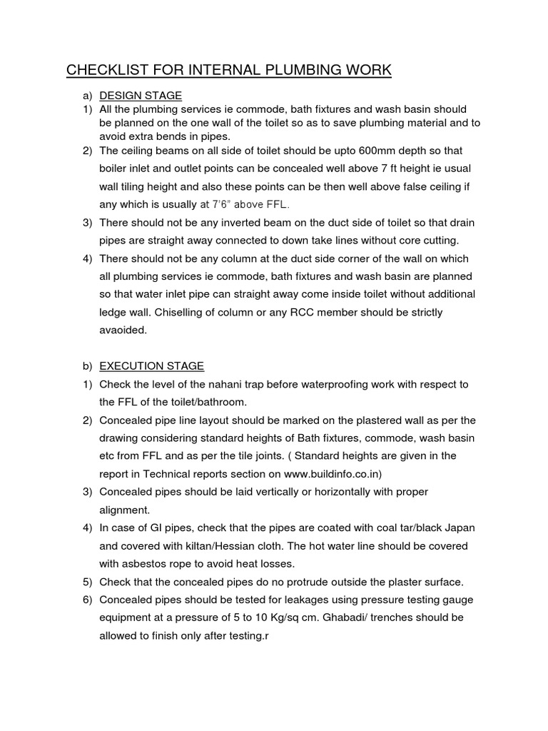 Portals - 0 - Checklist For Internal Plumbing Work | PDF | Plumbing | Sink
