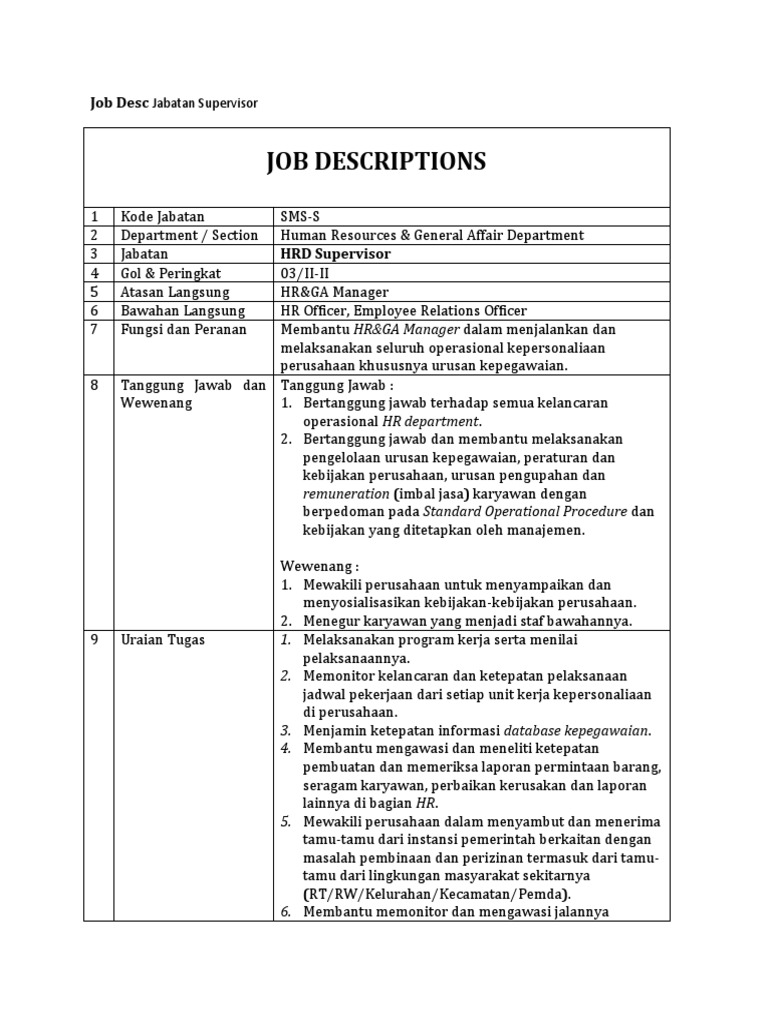 Deskripsi Jabatan HRD Supervisor | PDF | Bisnis