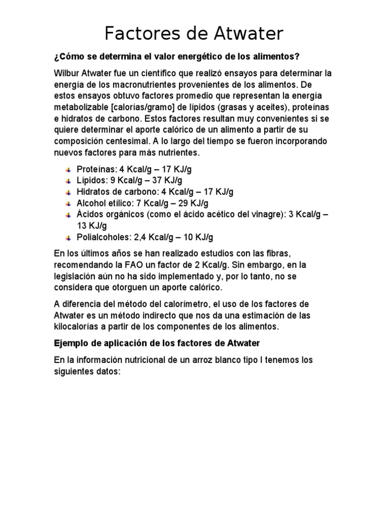 Factores de Atwater | PDF | Caloría | Alimentos