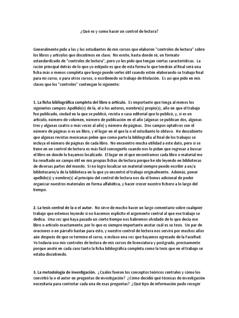 Qué Es y Como Hacer Un Control de Lectura | PDF | Teoría | Autor