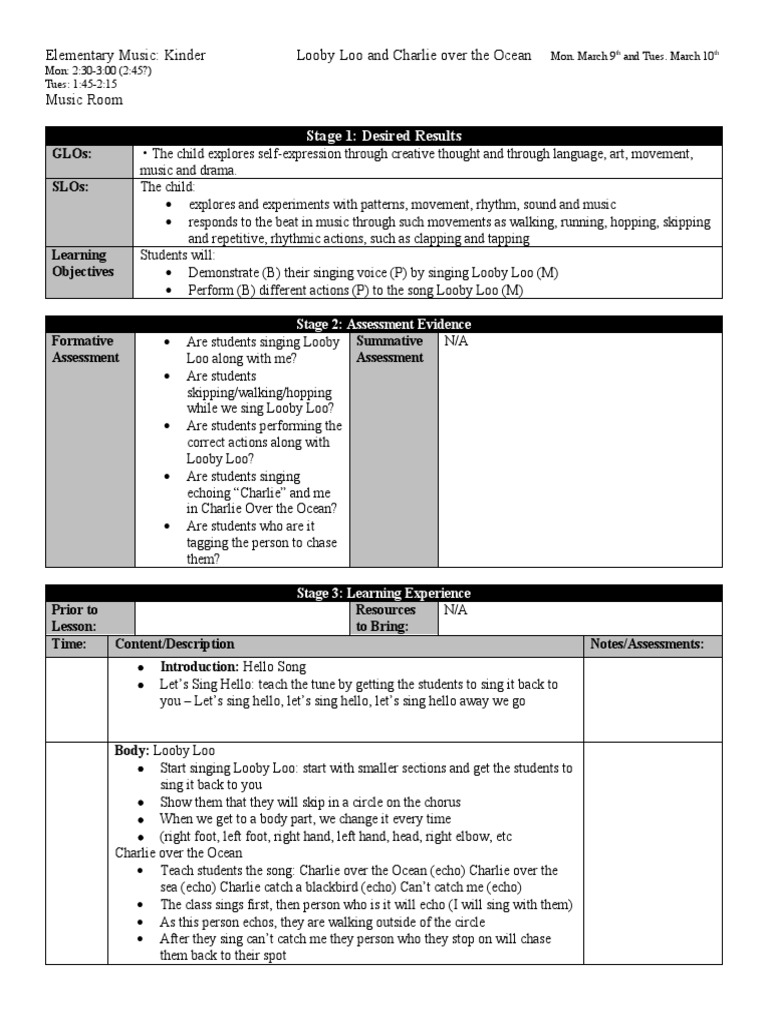 Looby Loo Kinder Lesson Plan | PDF | Behavior Modification | Psychological Concepts