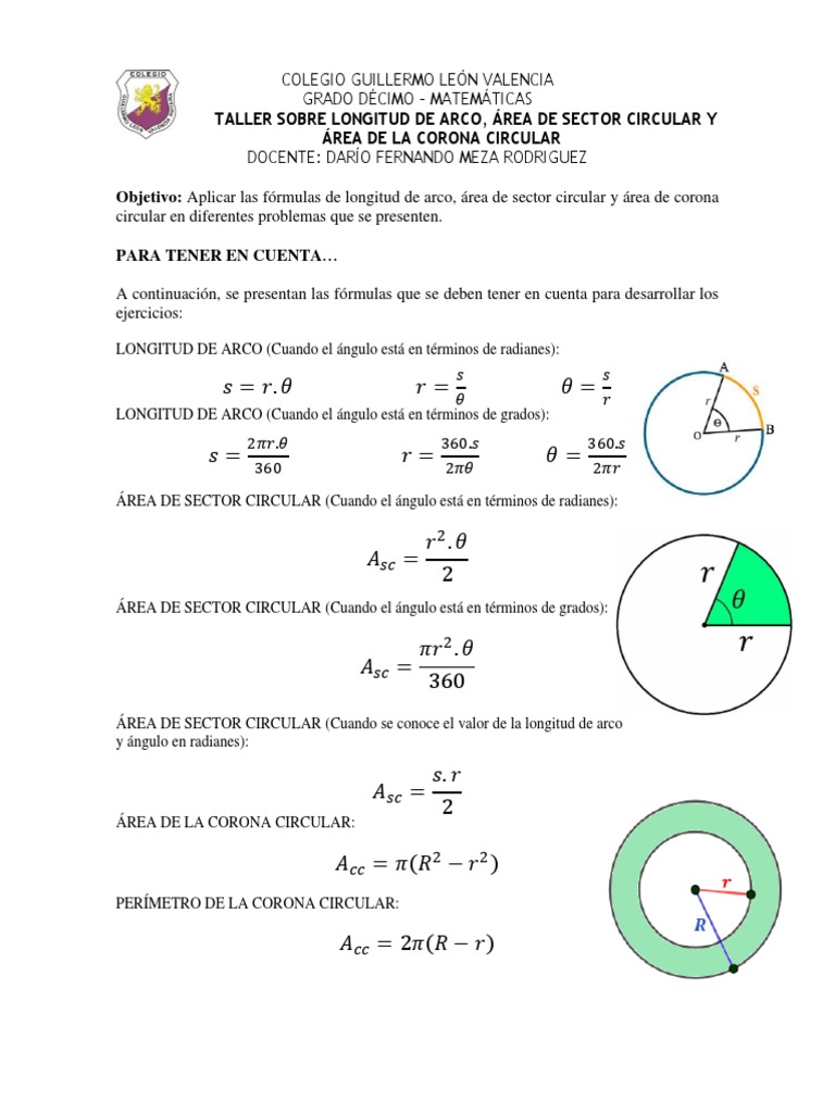 Taller de Trigonometria Longitud de Arco - Áreas Sector Circular y ...