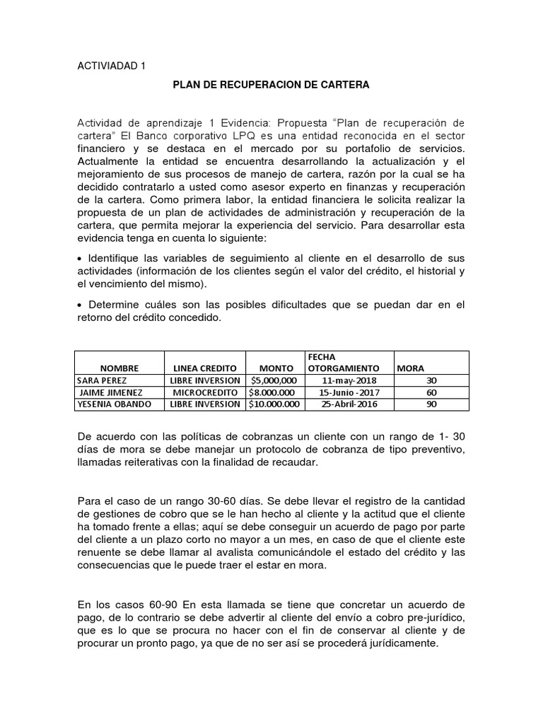 Plan de Recuperacion de Cartera | Descargar gratis PDF | Pagos | Crédito Plan de Recuperacion de Cartera | Descargar gratis PDF | Pagos | Crédito