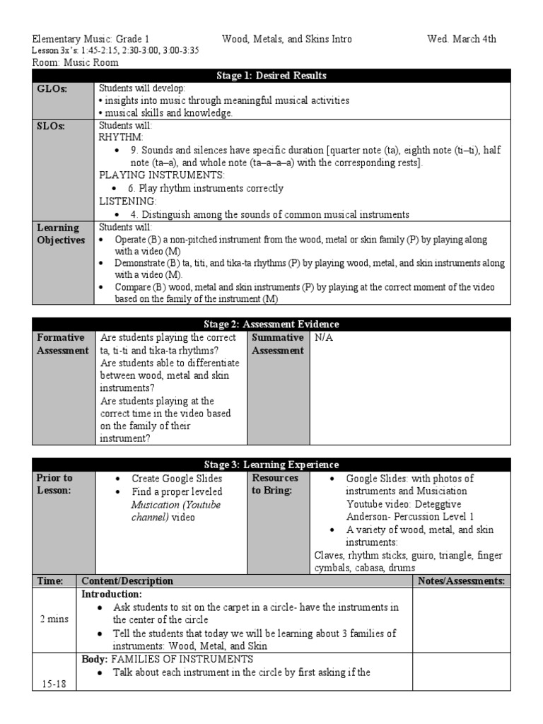 Wood Metals and Skins Grade 1 Lesson Plan | Download Free PDF ...