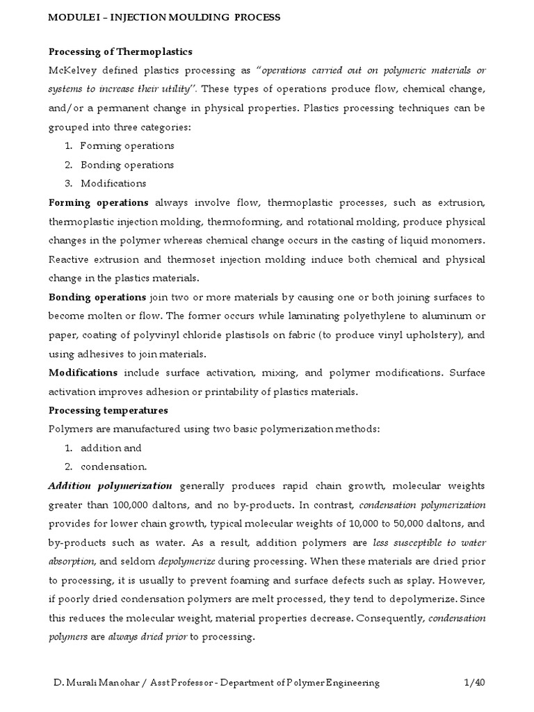MODULE I Injection Molding Process | PDF | Thermoplastic | Polymers