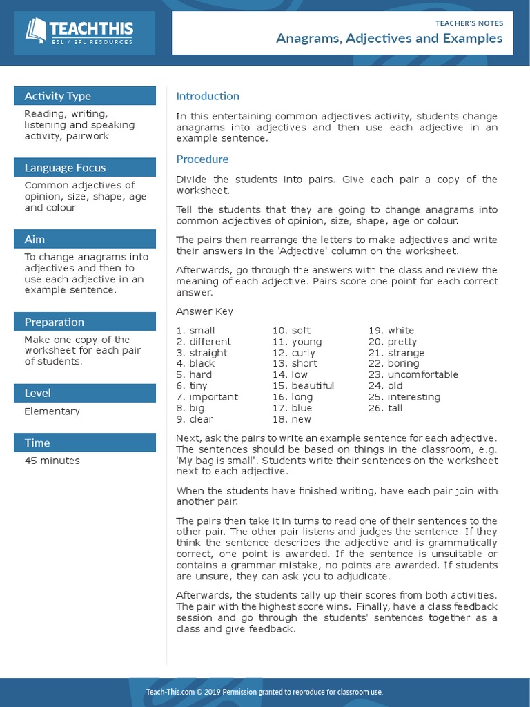Anagrams Adjectives and Examples | Download Free PDF | English As A ...