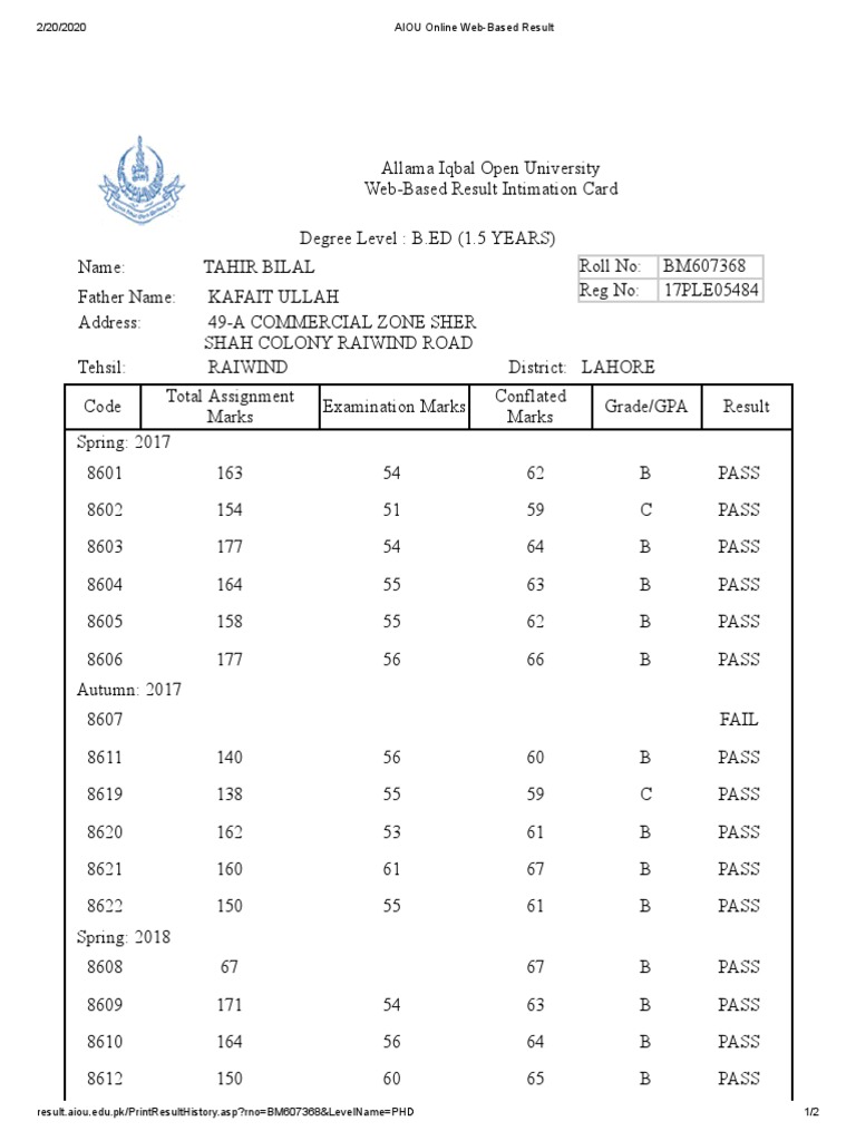 AIOU PHD Result Card for Tahir Bilal | PDF