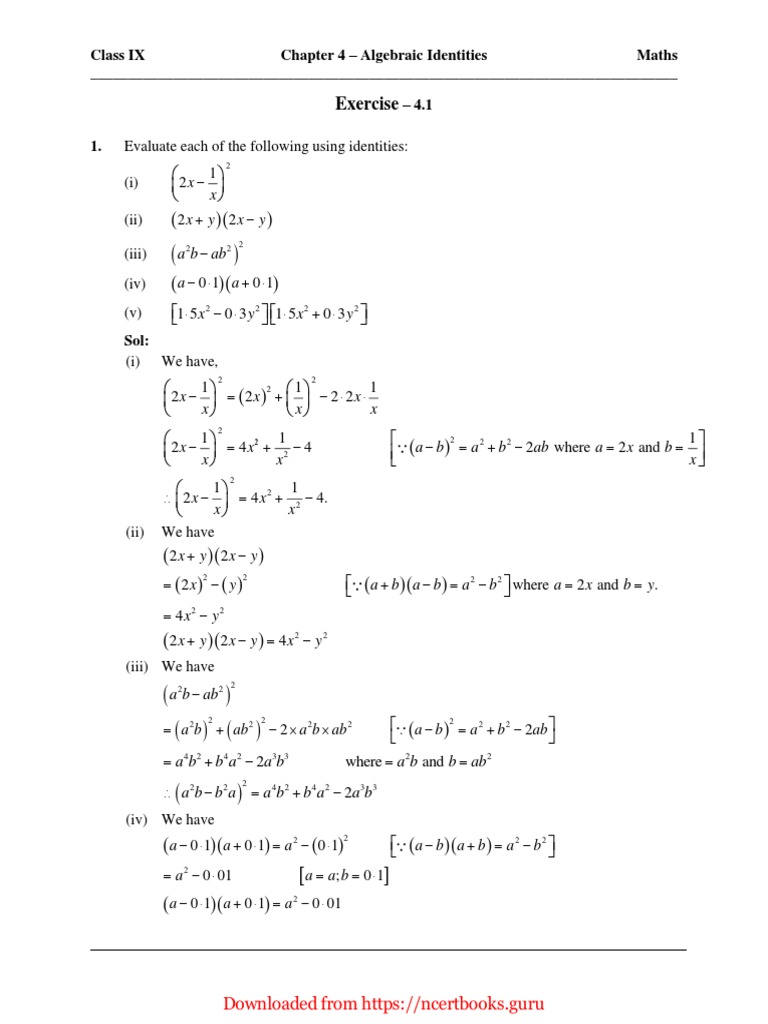 Class IX Algebraic Identities Exercises | PDF | Logic | Deductive Reasoning