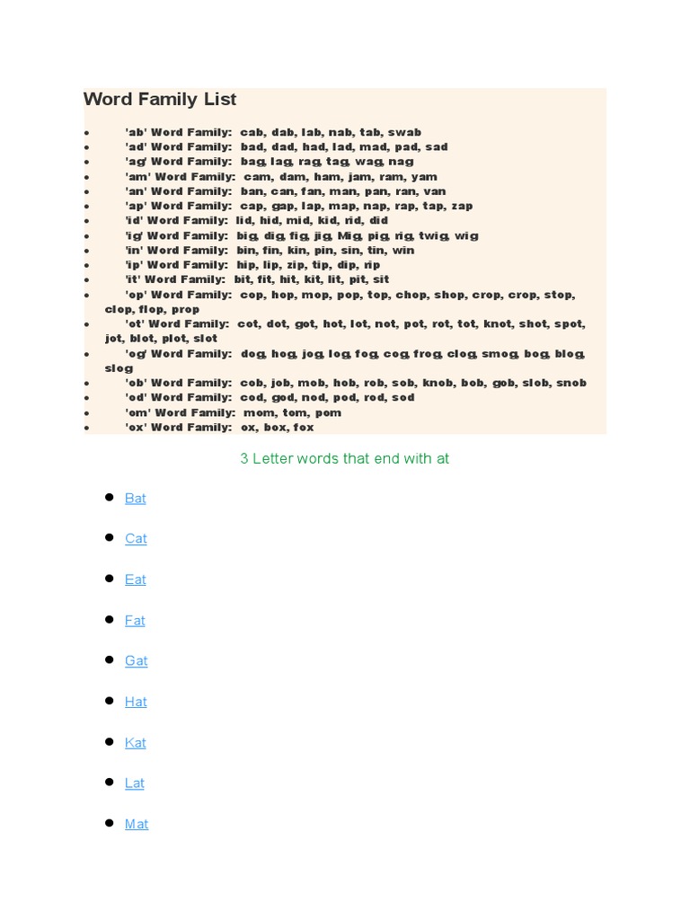 Word Family Listing with 3 Letter Endings | PDF | Nature