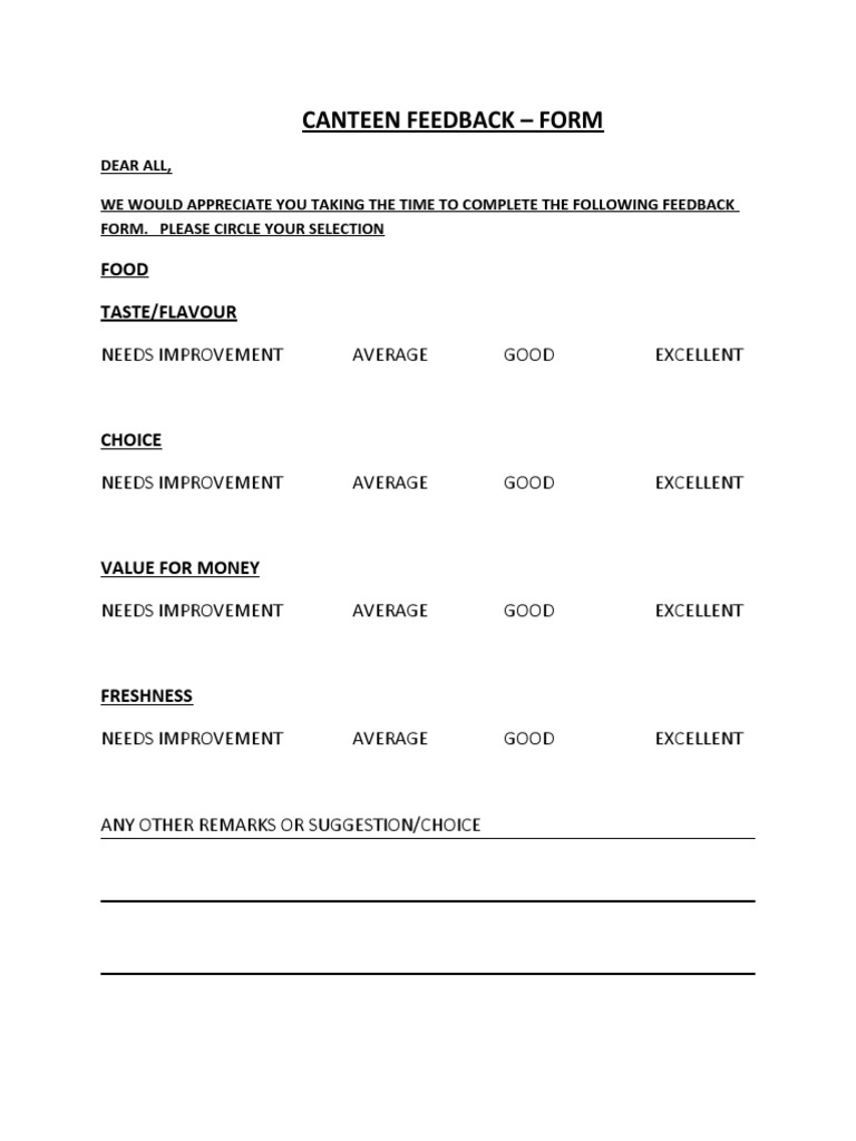 Canteen Feedback Form Template | PDF | Cooking, Food & Wine | Wellness