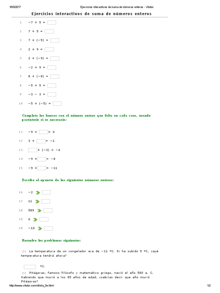 Ejercicios Interactivos de Suma de Números Enteros - V | PDF | Teoría ...