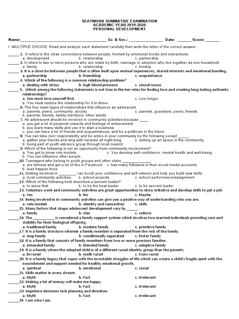 Personal Development Summative Exam | PDF | Family | Adolescence