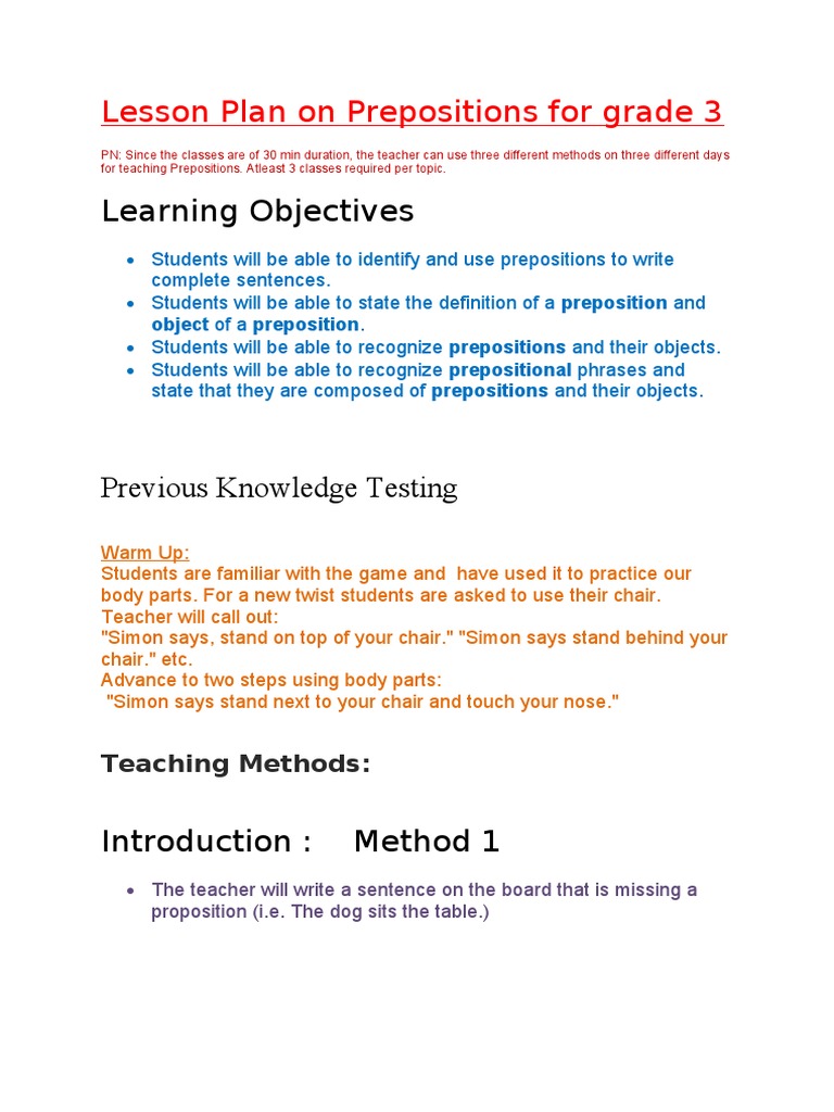 Lesson Plan On Prepositions For Grade 3 | PDF | Preposition And ...