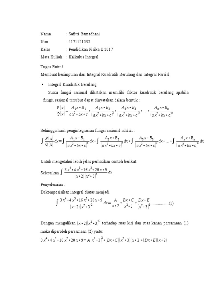 Kesimpulan Integral Kuadratik Berulang Dan Integral Parsial | PDF