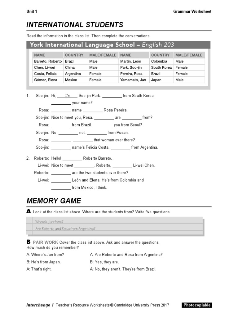 Interchange5thEd Level1 Unit01 Grammar Worksheet | PDF | Language Arts ...