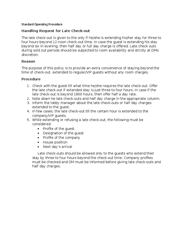 Hotel SOP On Handling Request For Late Check-Out | PDF