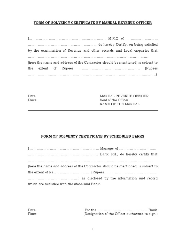 Form of Solvency Certificate by Mro & Bank PDF | PDF | Finance & Money Management | Law