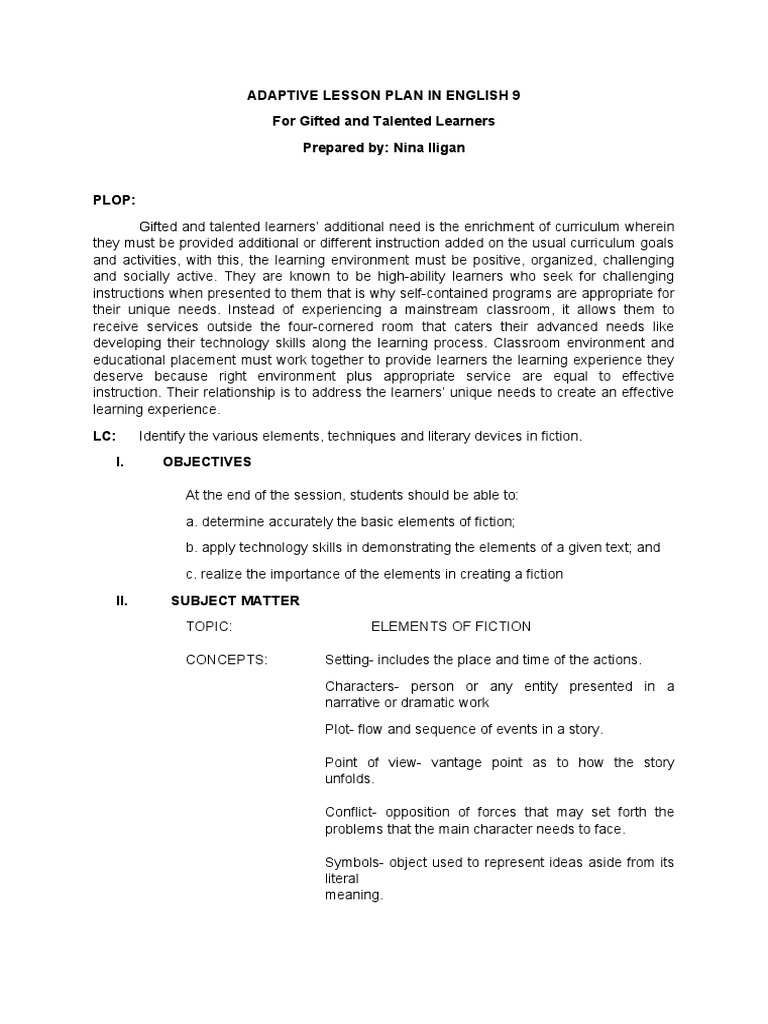 English 9 Adaptive Lesson Plan | PDF | Lesson Plan | Learning