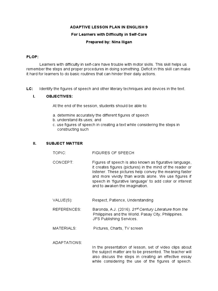 Adaptive Lesson Plan in English 9 | PDF | Essays | Teachers
