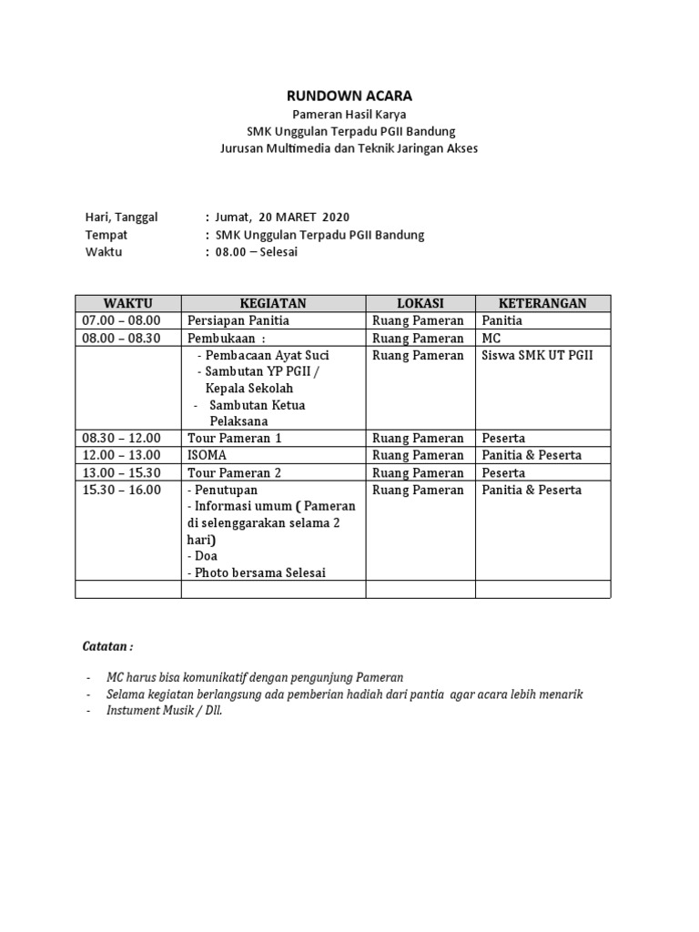 Rundown Acara Pameran 2020 | PDF