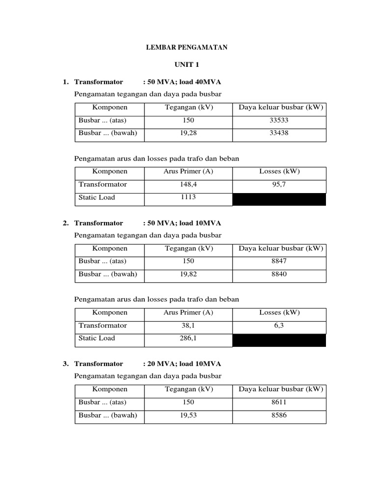 ANALYSIS OF TRANSFORMER AND CABLE OBSERVATION SHEET | PDF