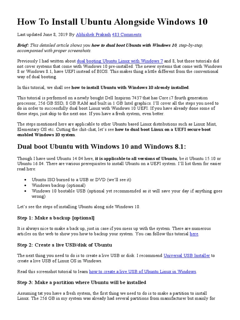 How To Install Ubuntu Alongside Windows 10 | PDF | Booting | Windows 10