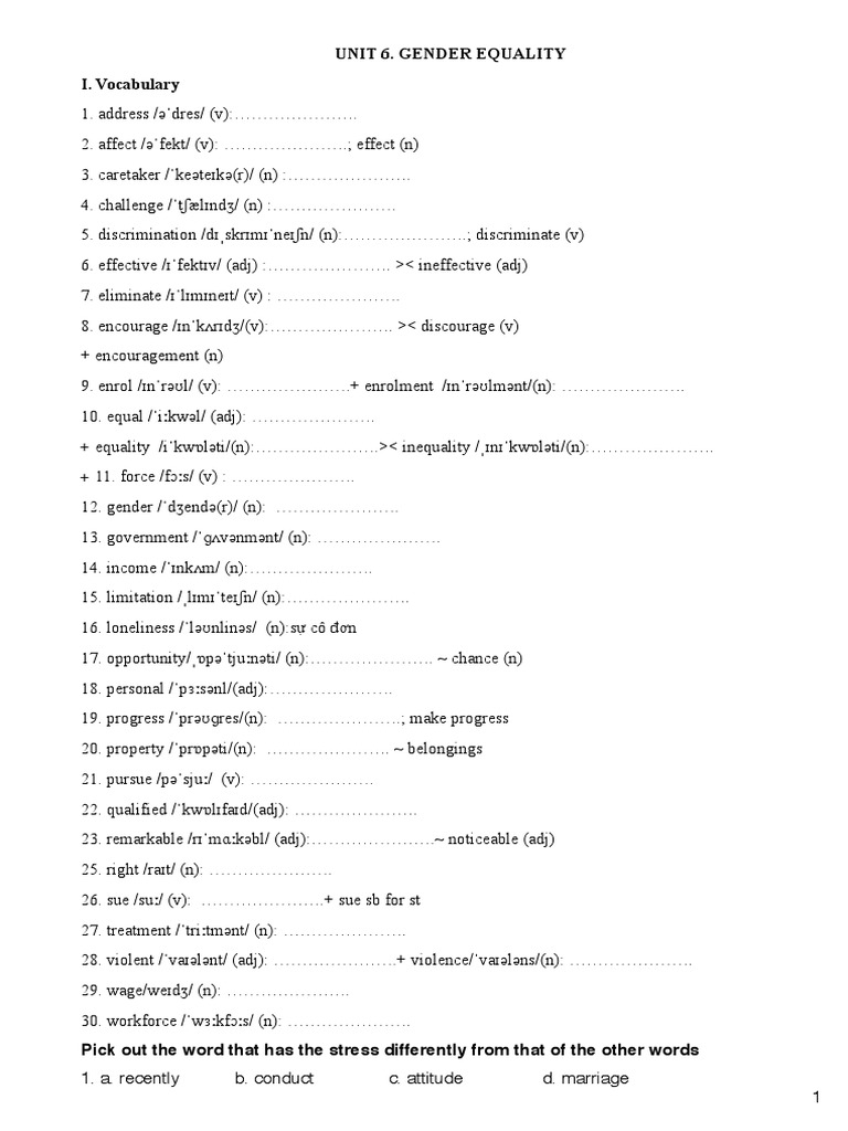 UNIT 6. GENDER EQUALITY I. Vocabulary PDF | PDF | Equal Opportunity ...
