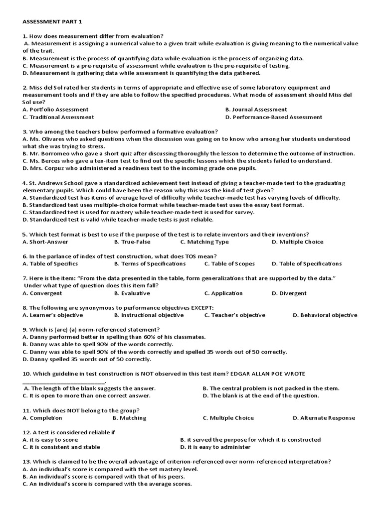 Assessment Part 1 (Drill) | PDF | Standardized Tests | Educational ...