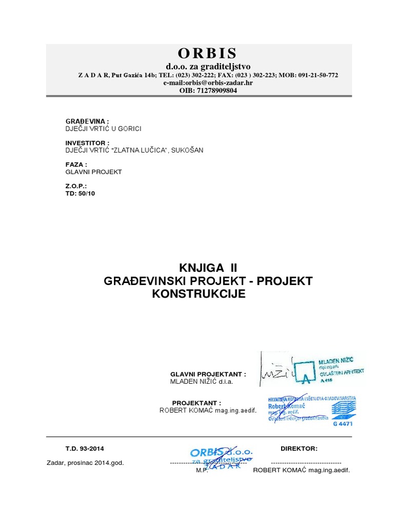 Gradevinski Projekt Statika Vrtica U Gorici VISULJA PDF | PDF