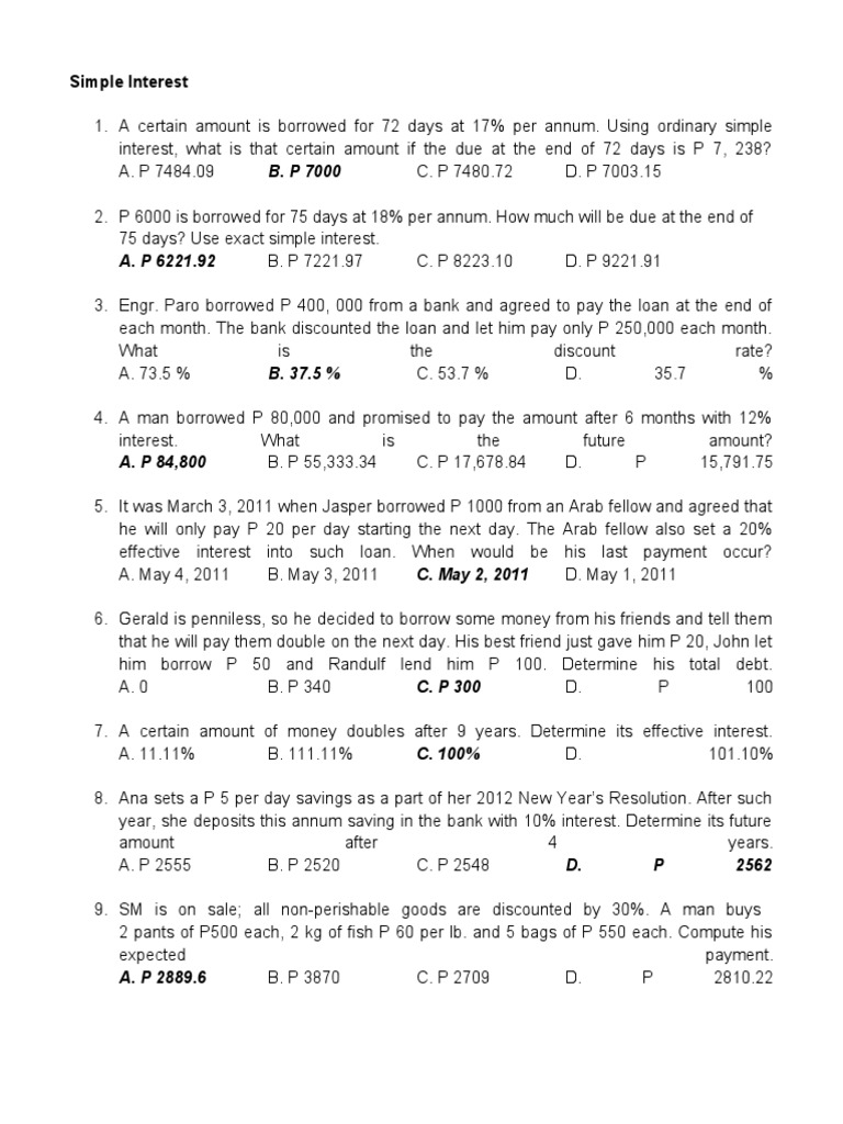 Calculating Simple Interest Rates for Various Financial Scenarios | PDF ...