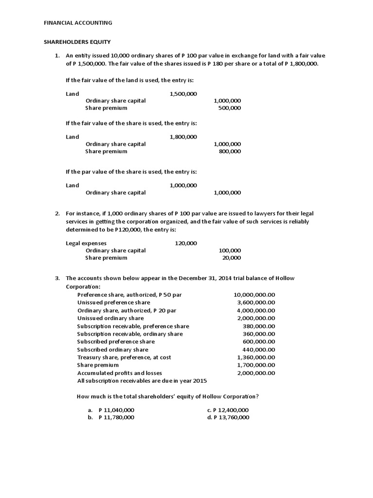 Shareholders' Equity Analysis and Examples | PDF | Treasury Stock ...