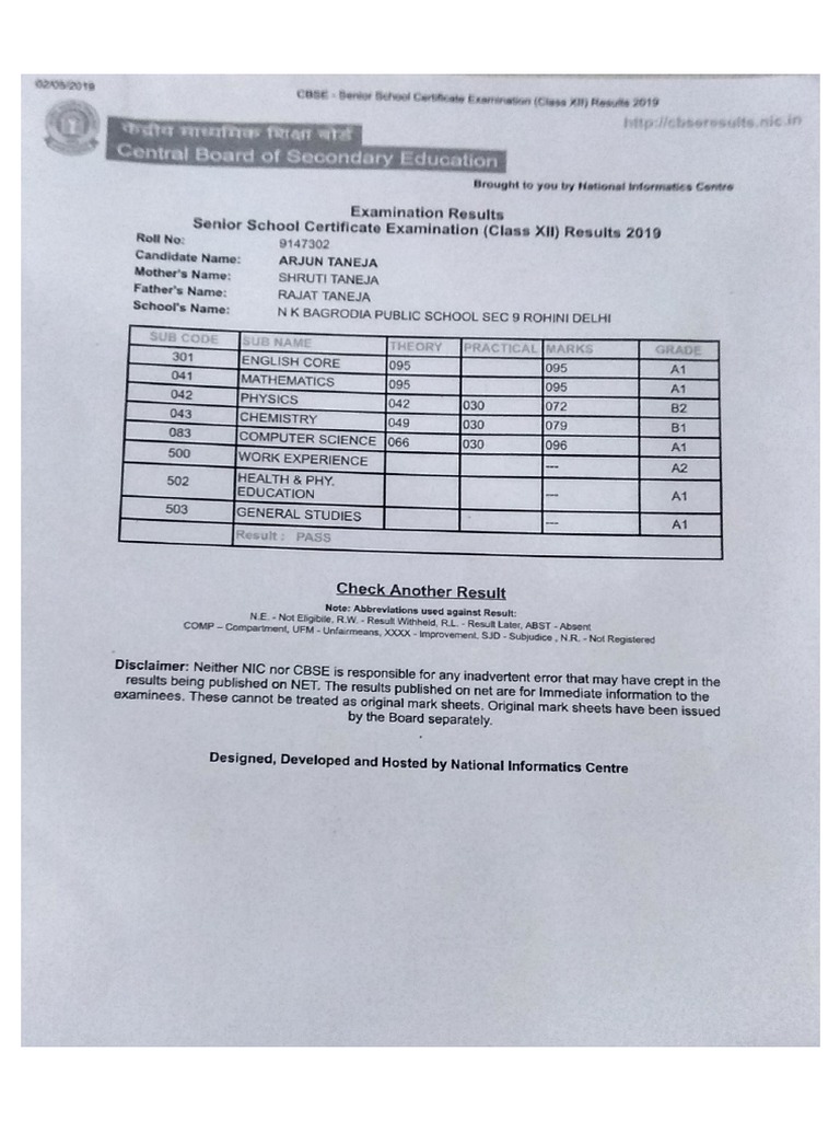 Class 12 Marksheet | PDF