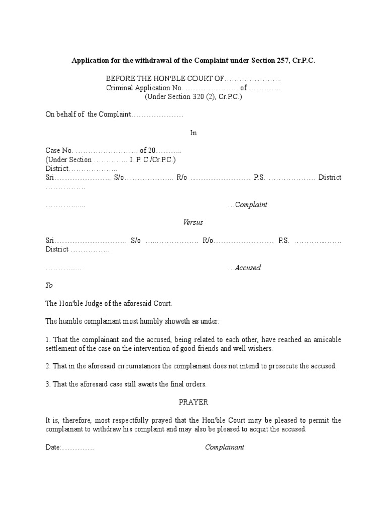 Application For The Withdrawal of The Complaint Under Section 257, Cr.P ...