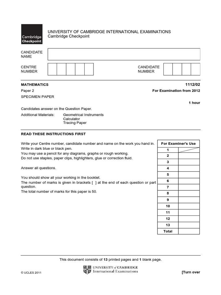 Year 9 Cambridge Checkpoint Maths Holiday Assignment P2 Specimen 2012 ...