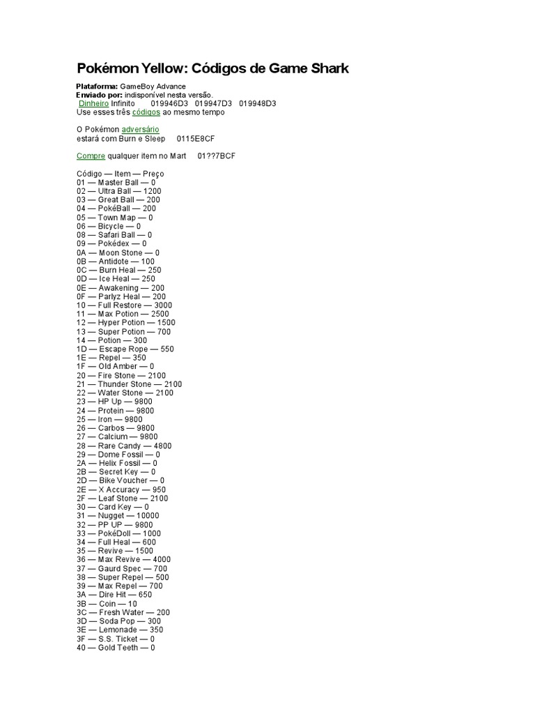 Pokémon Yellow Game Shark Codes | PDF | Works | Nintendo Franchises