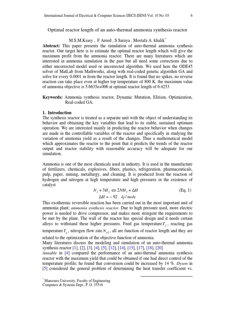 Optimal Reactor Length Of An Auto Thermal Ammonia Synthesis Reactor Pdf Genetic Algorithm