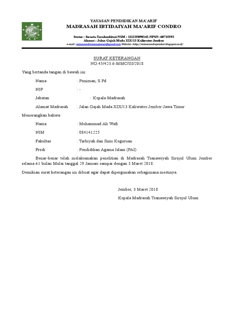 Surat Penelitian Muhammad Ali Wafi | PDF