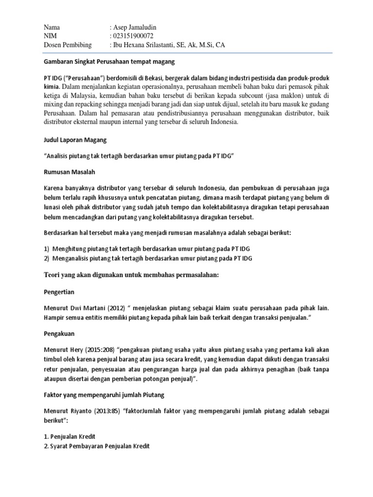 Proposal Judul Laporan Magang - Asep Jamaludin - 023151900072 | PDF