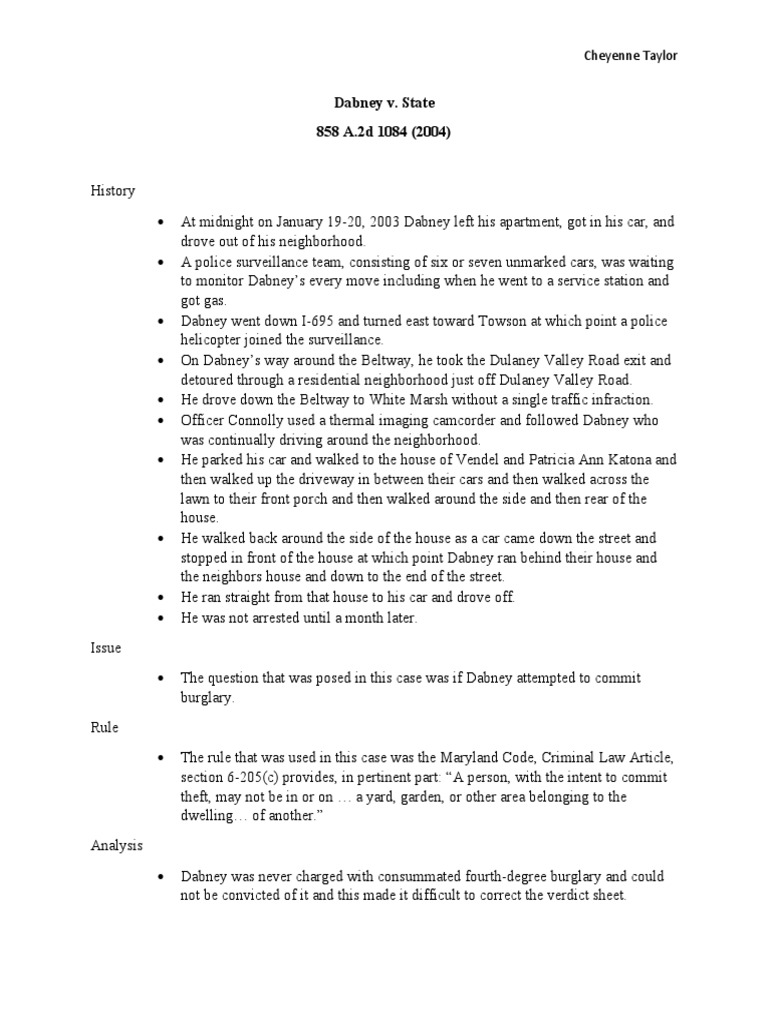 Dabney v. State: Attempted Burglary Case | PDF | Burglary | Virtue