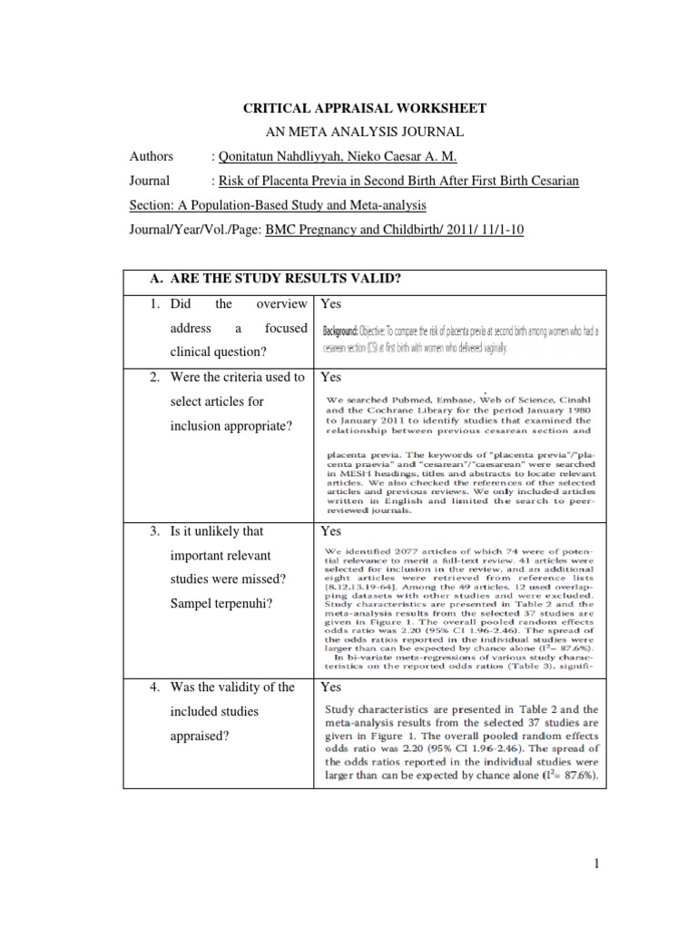 Critical Appraisal Worksheet | PDF | Evidence Based Medicine | Meta ...