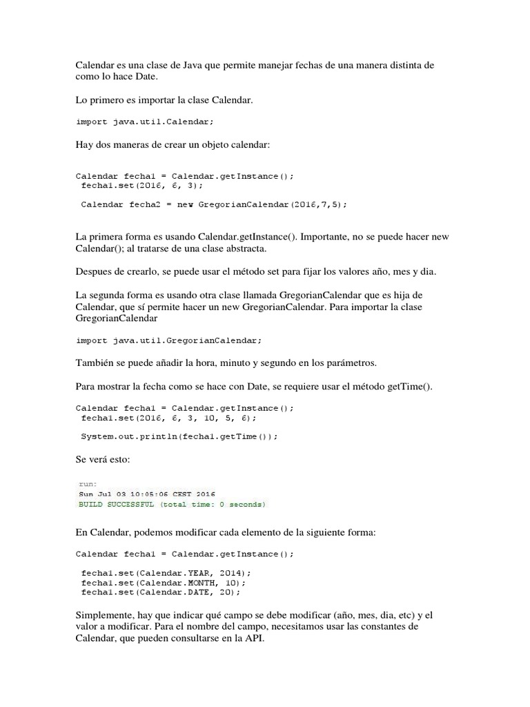 Manejo de Fechas en Java con Calendar | PDF | Java (lenguaje de programación) | Áreas de informática
