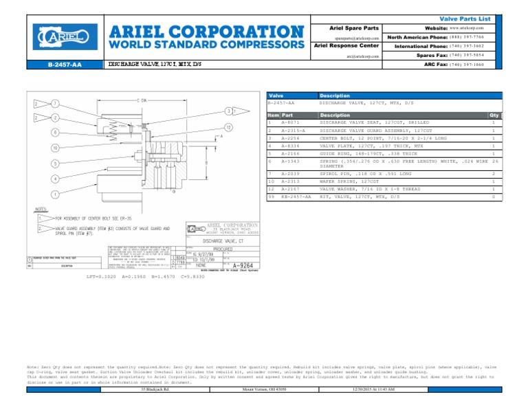 Valve Parts List for Ariel 127CT MTX Discharge Valve B-2457-AA | PDF ...