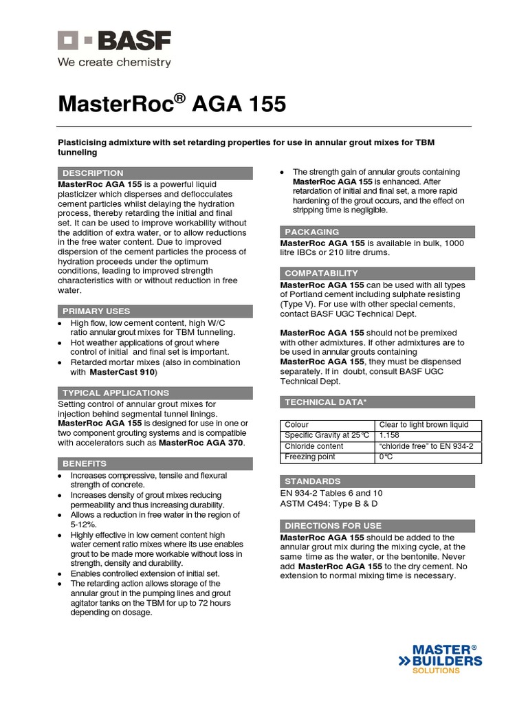 Basf Masterroc Aga 155 Tds | PDF | Concrete | Cement