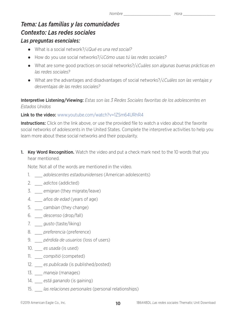 1B6448DL Las Redes Sociales Spanish Thematic Unit - Student Activty 1 ...