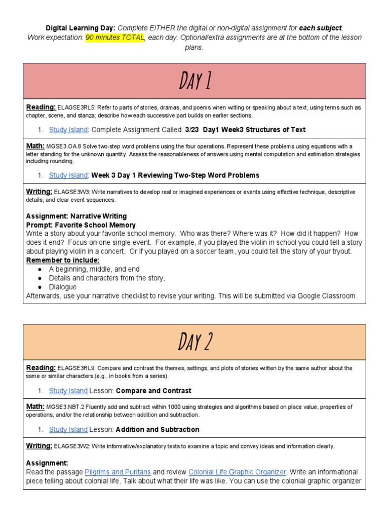 Week 3 Third Grade Digital Learning Lesson Plans | PDF | Narrative | Memory