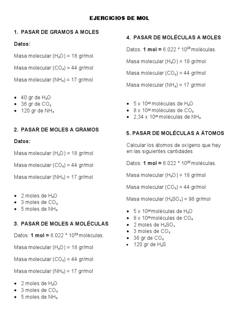 Hoja De Trabajo De Conversión De Moles A Masa Ejercicios Practico