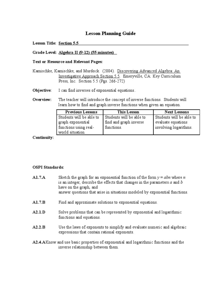 Algebra 2 Lesson Plan 5.5 Final | Download Free PDF | Exponential ...