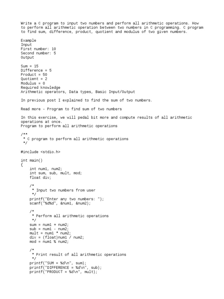 C Program To Do Arithmetic | PDF